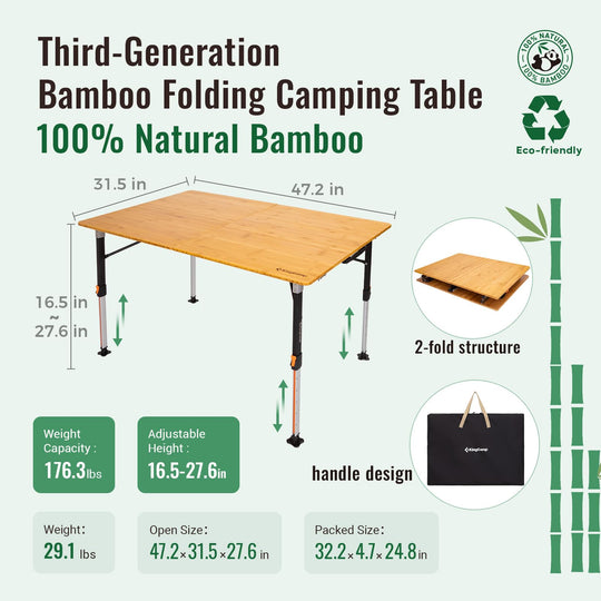 KingCamp Eco-Friendly Bamboo Camping Table - Adjustable & Portable ...