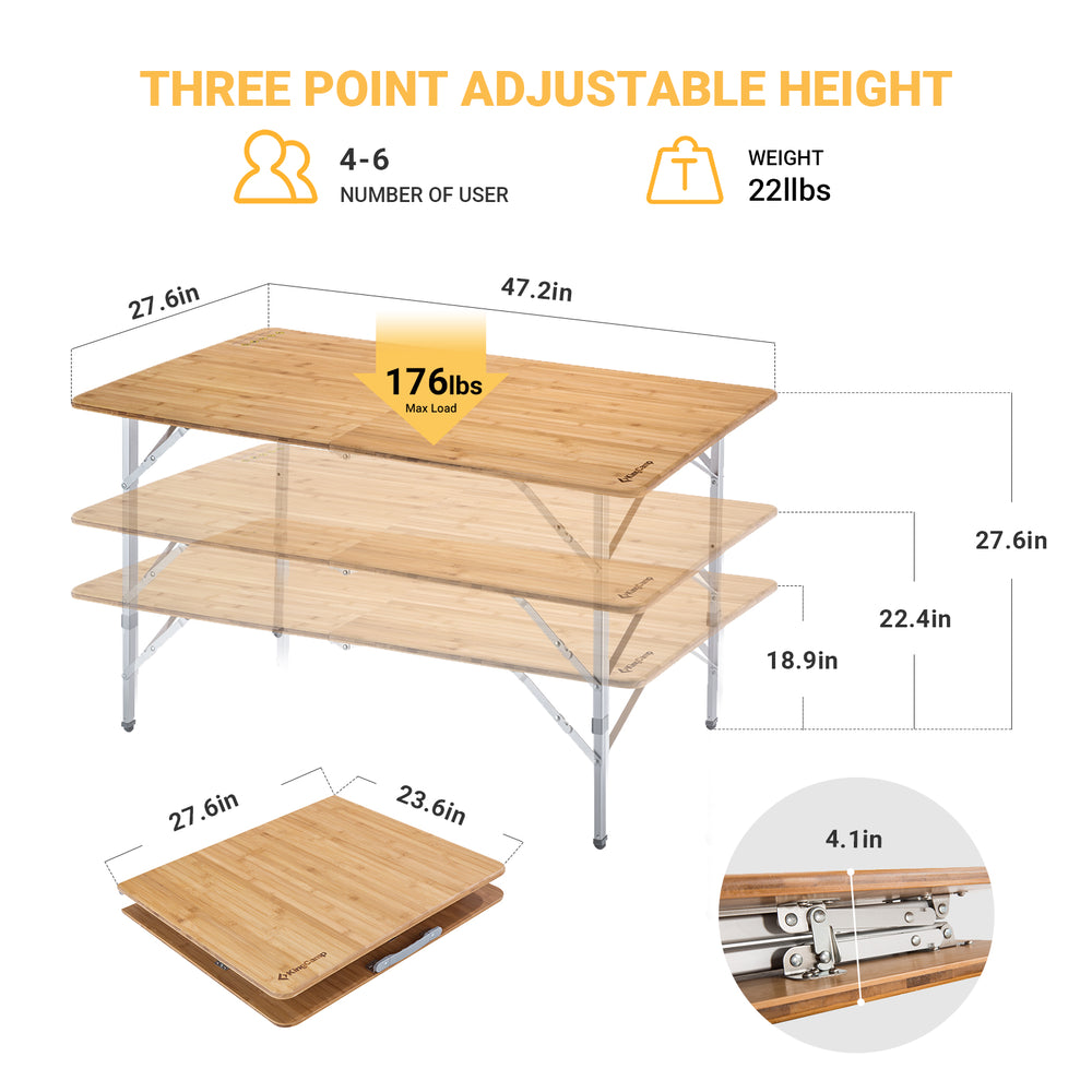 KingCamp 6-Person Bamboo Folding Table | Adjustable Height 47" x 27 ...