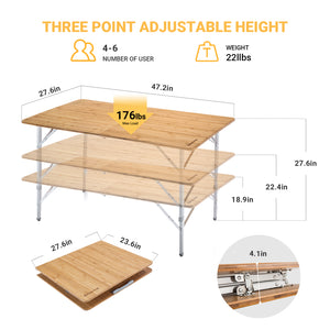 KingCamp 6-Person Bamboo Folding Table | Adjustable Height 47" x 27 ...